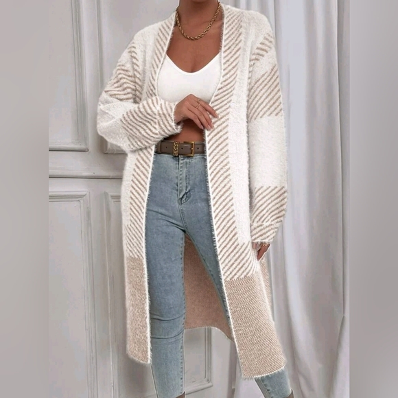 Sweaters | New Chic Striped Duster Maxi Cardigan Sweater Jacket Tan ...